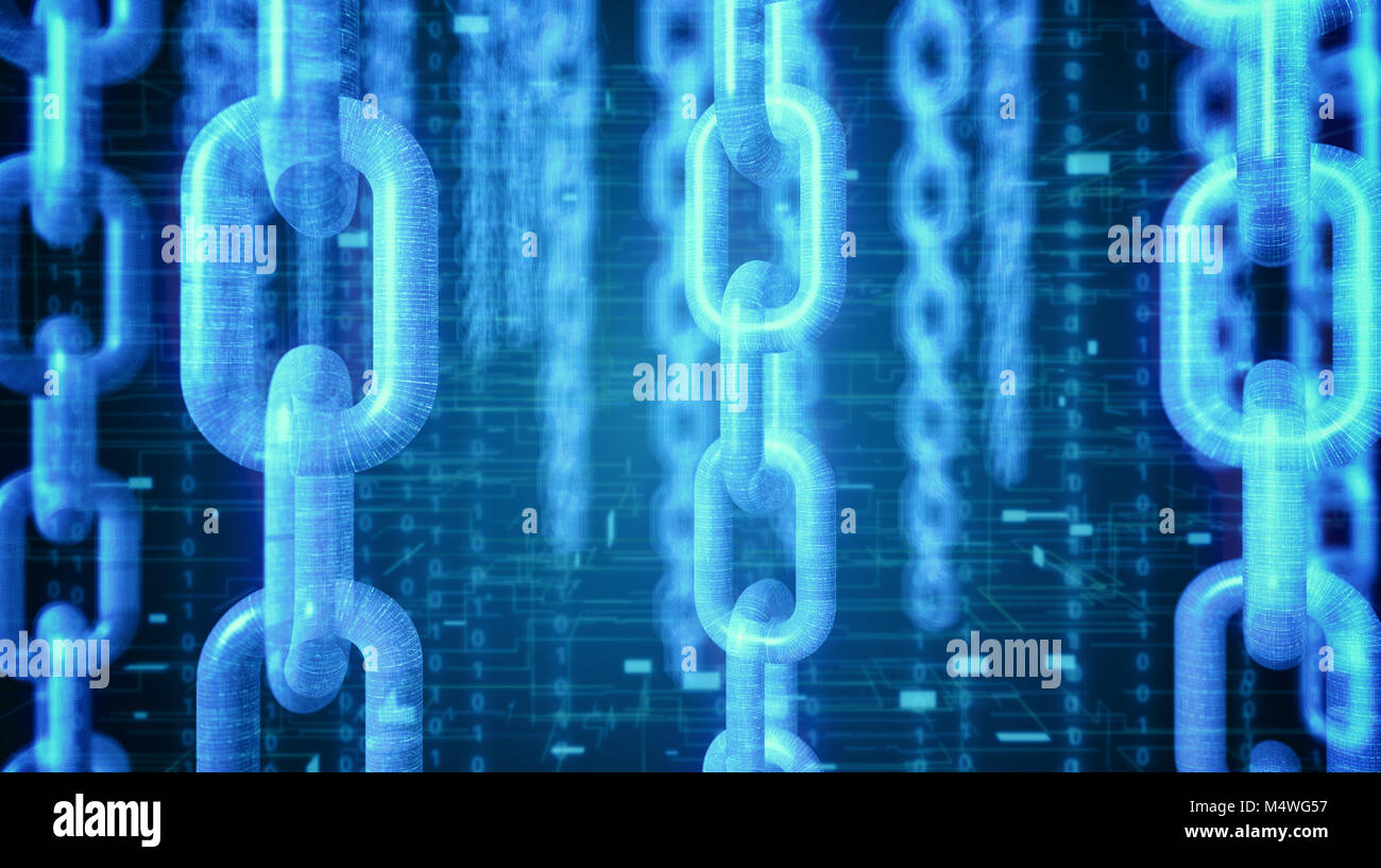 close up view of chains with tech background, concept of blockchain technology and ...