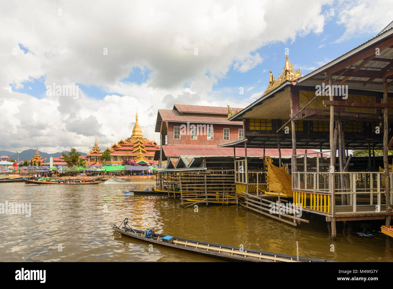 Tha Lay: temple pagoda Phaung Daw Oo Paya, boat, canal, boat house of ...