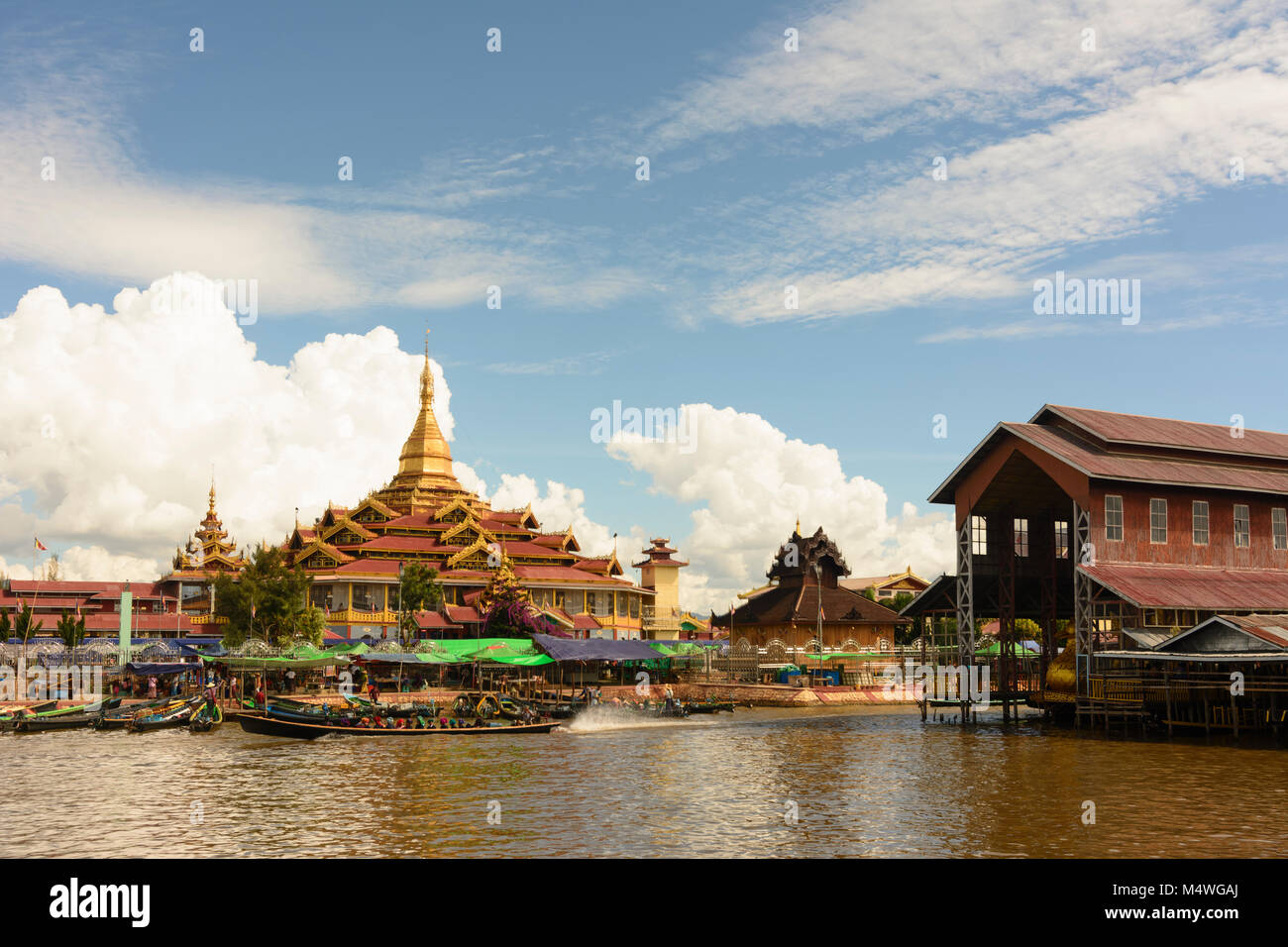 Tha Lay: temple pagoda Phaung Daw Oo Paya, boat, canal, boat house of ...