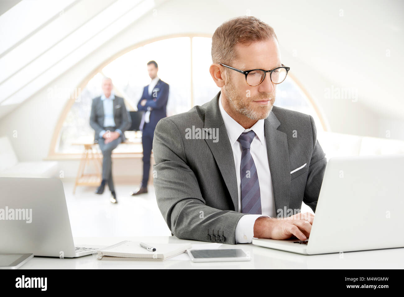 Portrait of senior financial director businessman wearing suit and ...