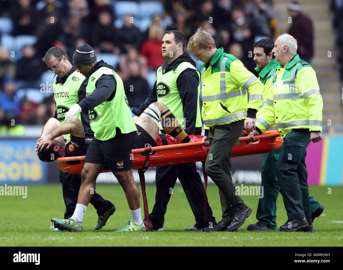 Wasps' Alex Rieder is stretchered off with an injury during the Aviva ...