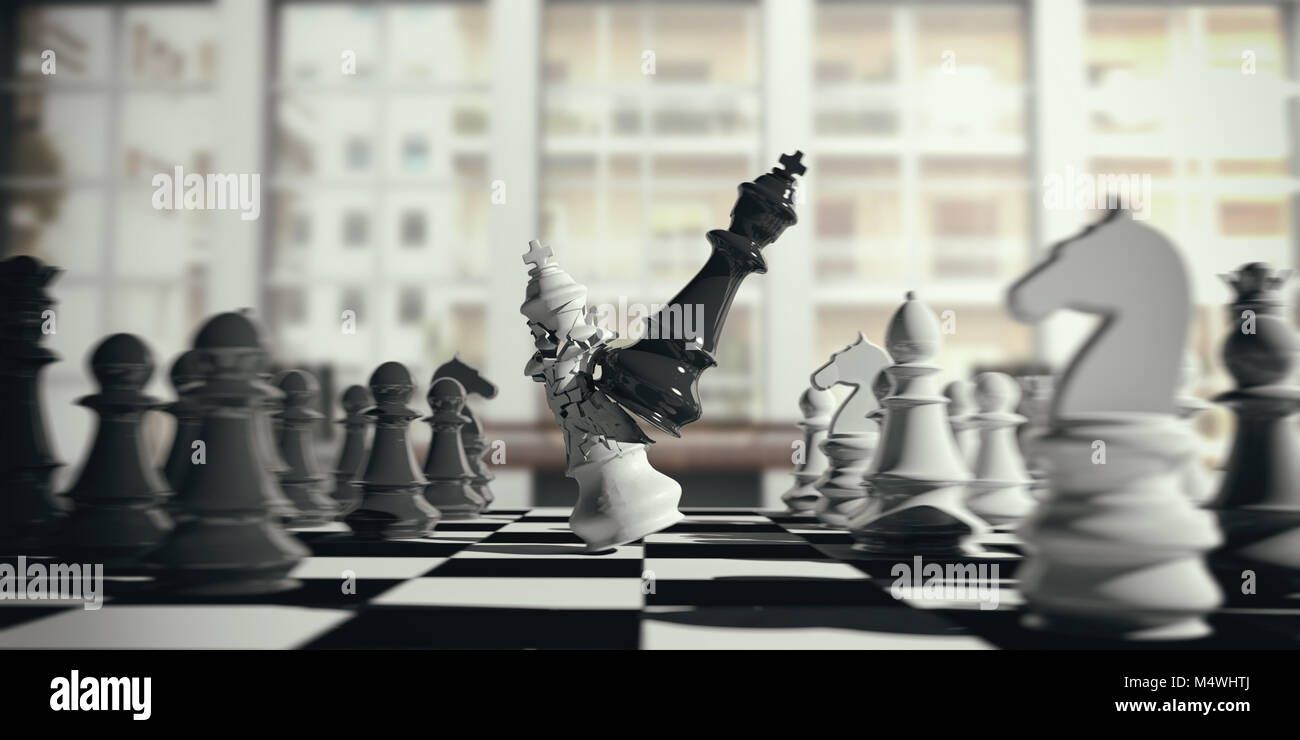 Chess victory for black. White chess king broken by the black king on a ...