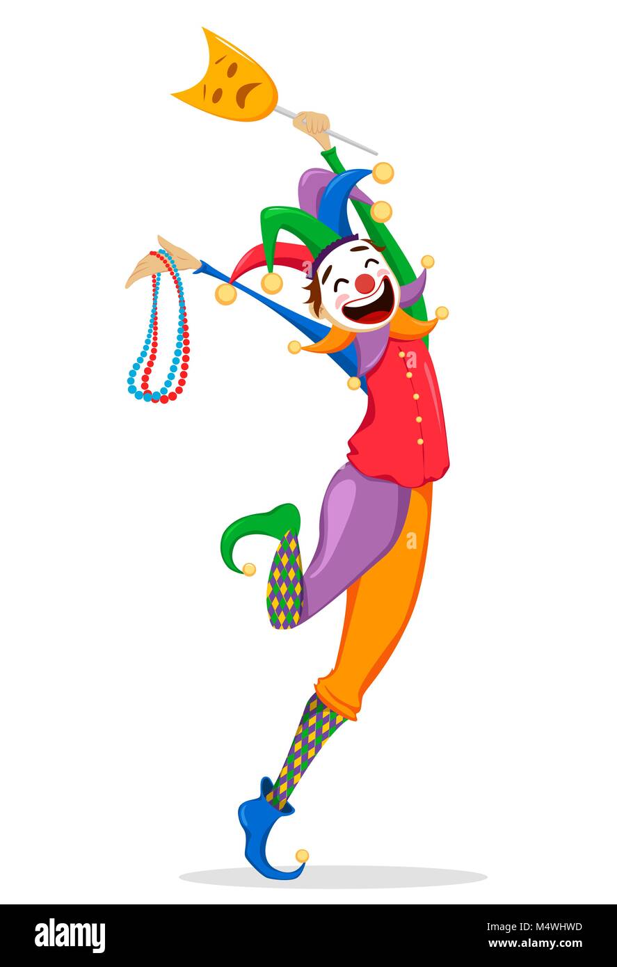 Mardi Gras jester in a mask holding necklaces for poster, greeting card ...