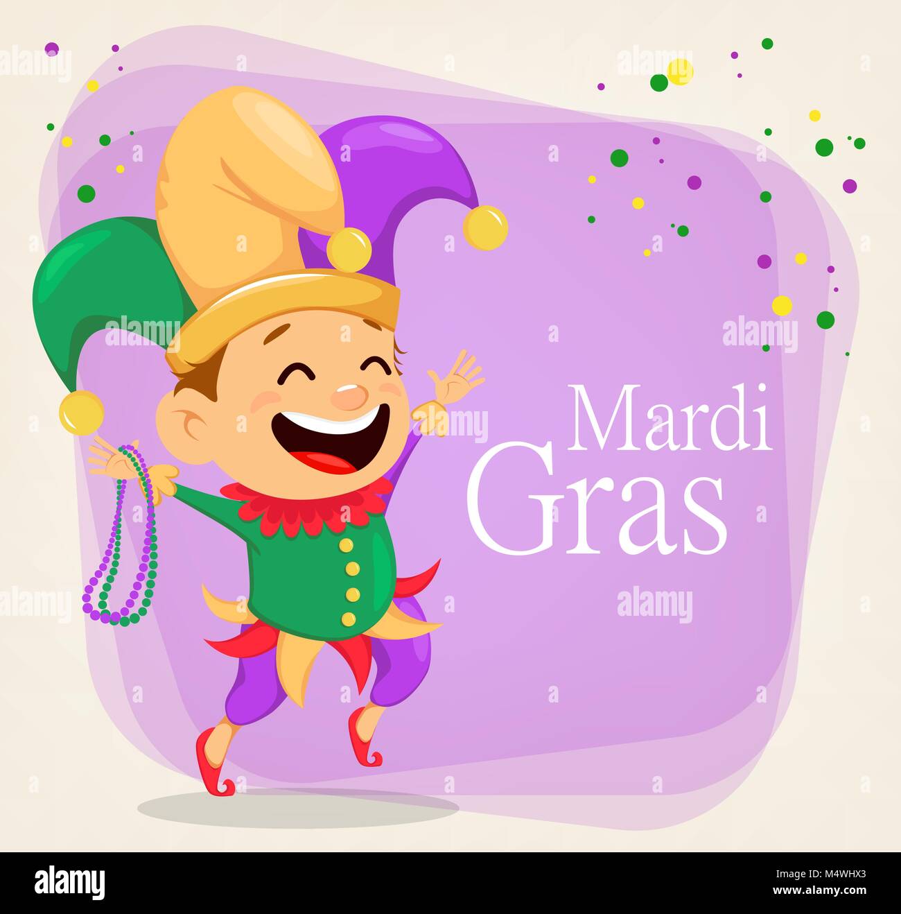 Mardi Gras jester holding necklaces for poster, greeting card, party ...