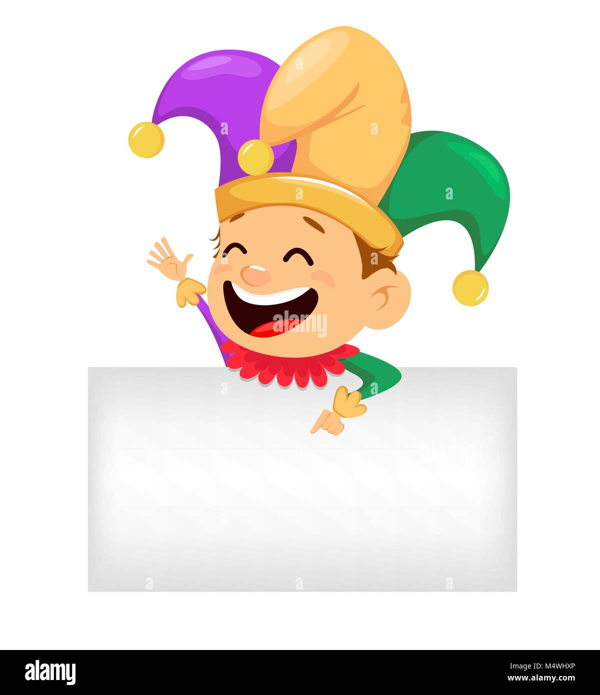 Mardi Gras jester showing on blank placard. Cheerful cartoon character ...
