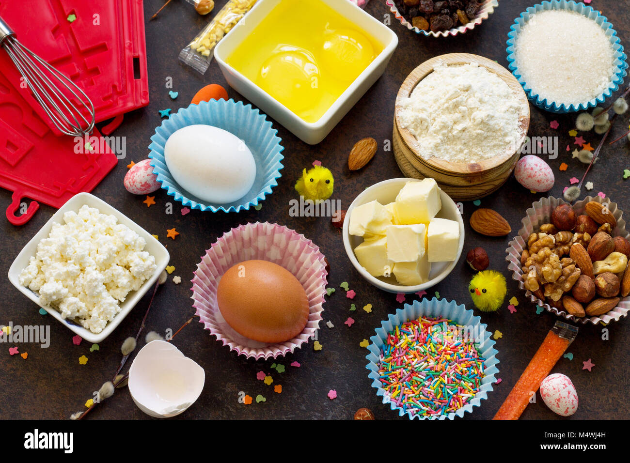 Ingredients for Easter baking - eggs, nuts, flour, yeast, butter ...
