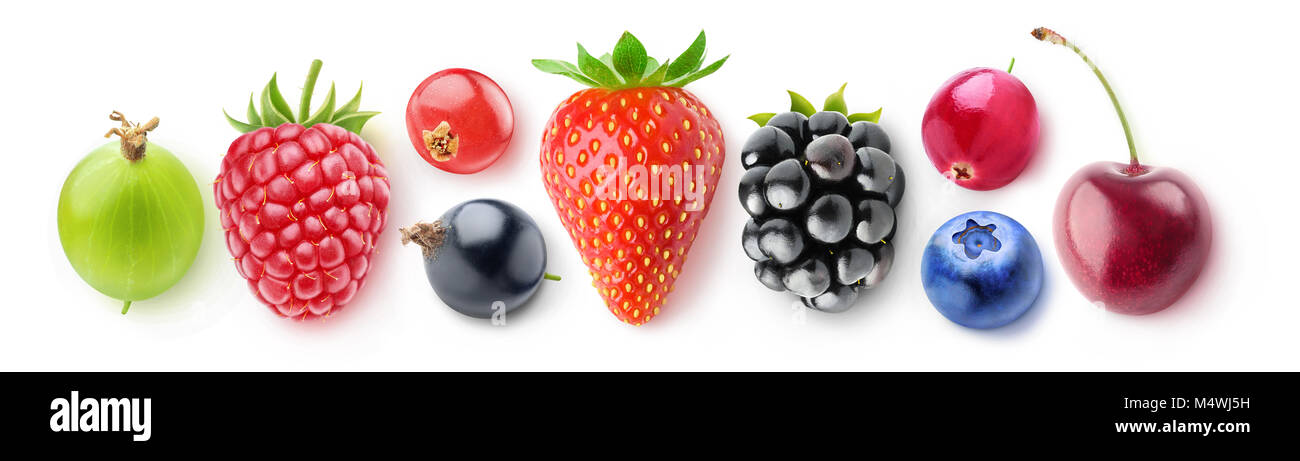 Isolated collection of berries, top view. Fresh strawberry, blackberry ...