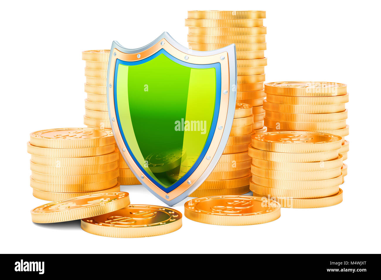 Stack of golden coins with shield, 3D rendering isolated on white ...