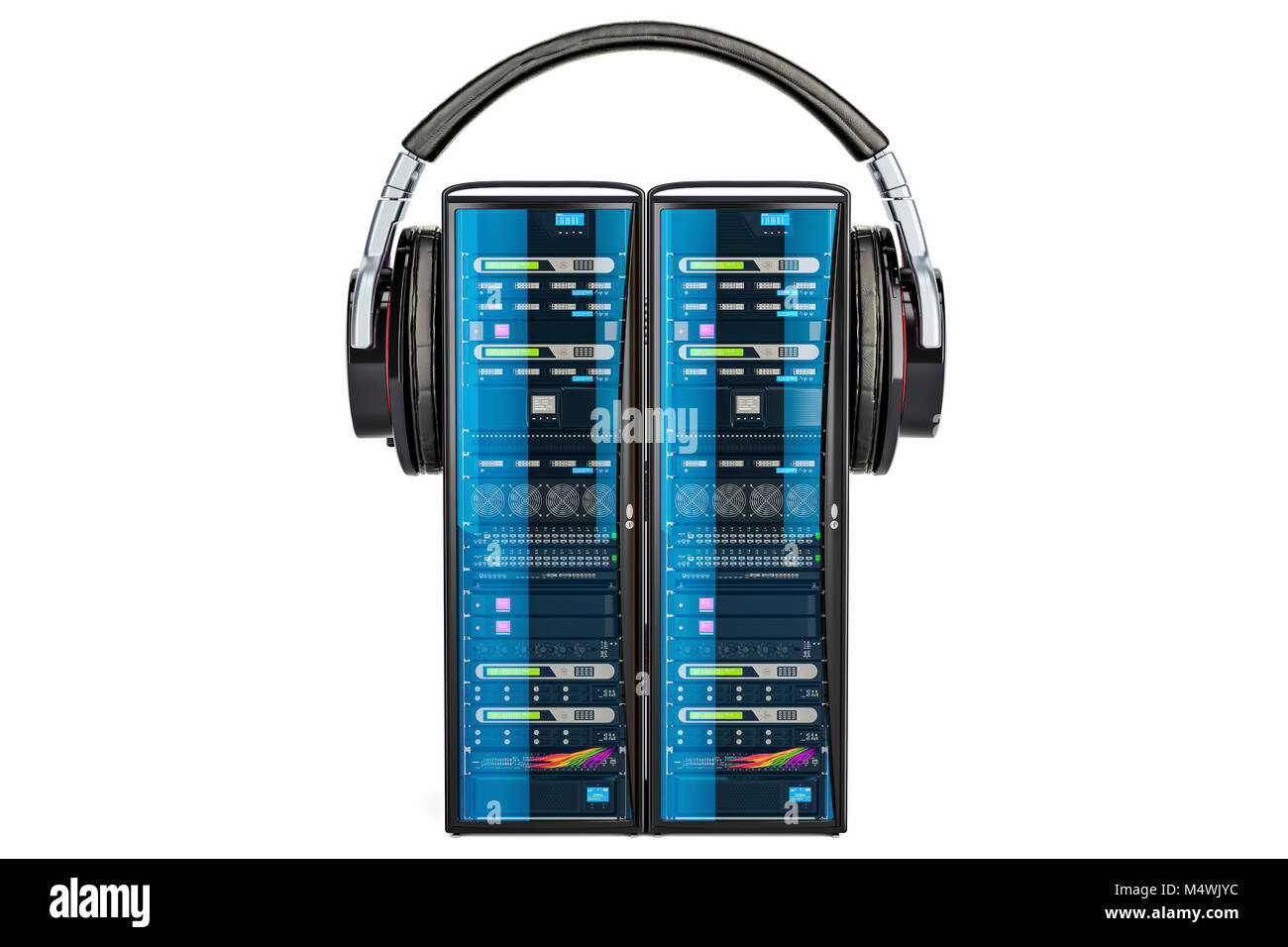 Computer Server Rack with headphones. Media, musical server concept. 3D ...