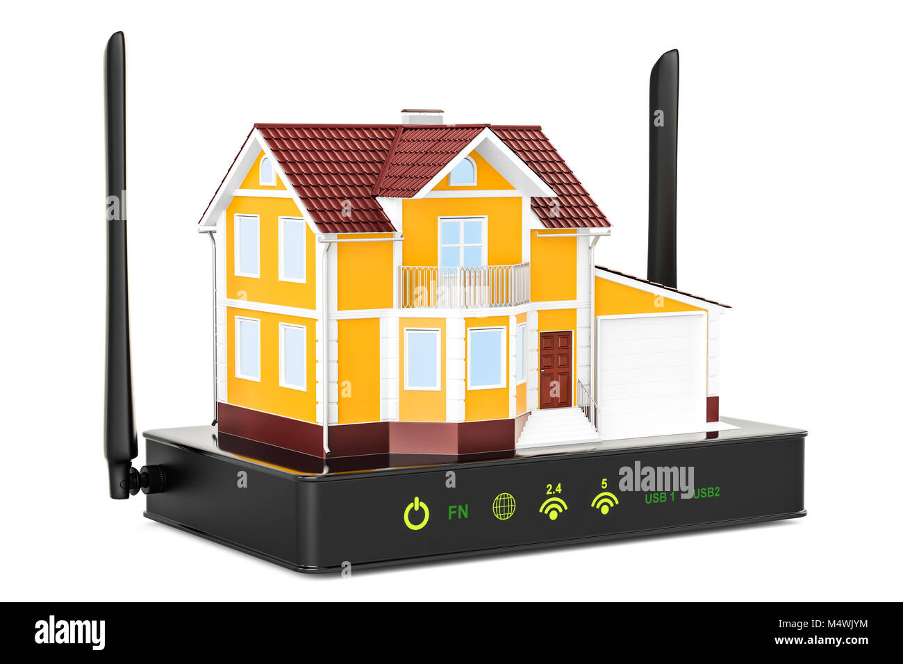 Internet connection concept. Wireless internet router with house. 3D ...