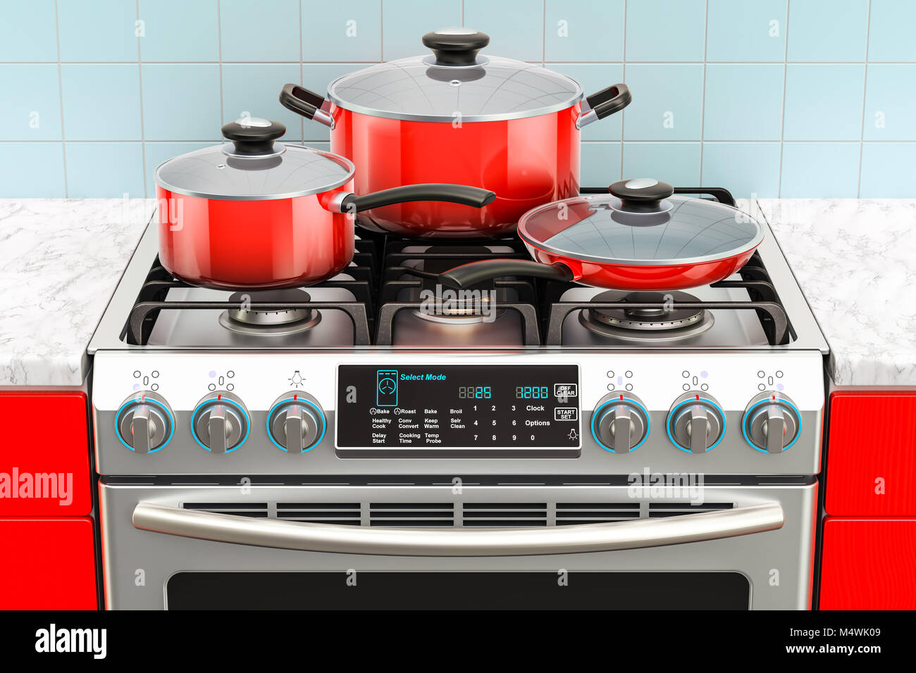 Steel gas cooker with pot, pan and frypan. 3D rendering Stock Photo - Alamy