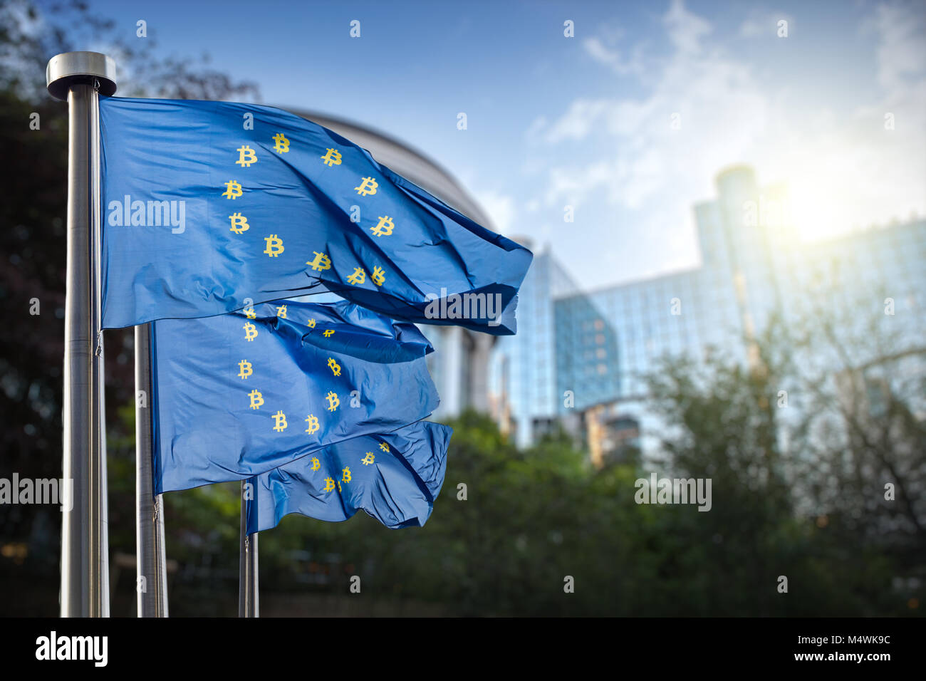 On the blue flag the symbol bitcoin. Regulation of the crypto currency ...