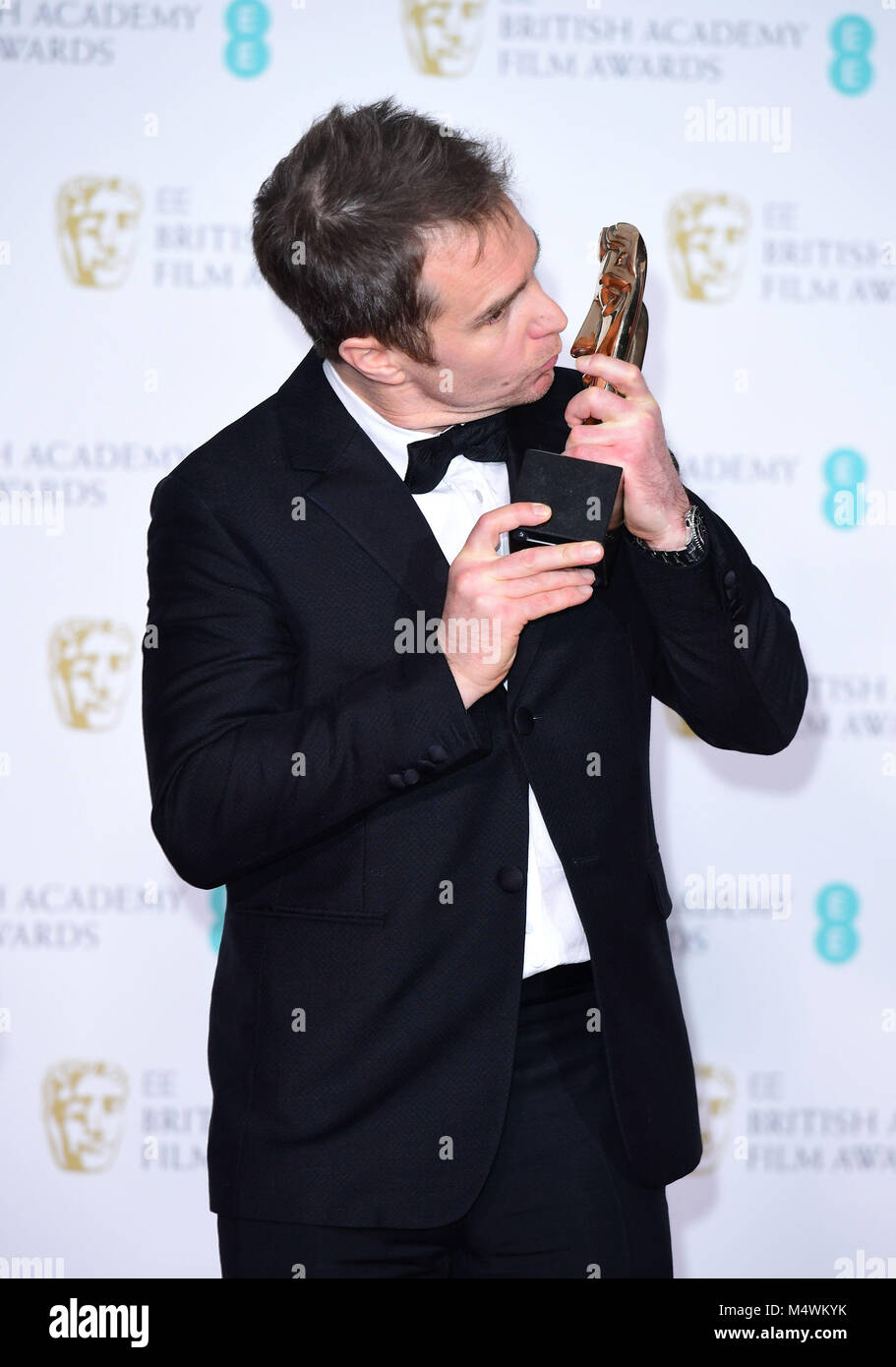 Sam Rockwell with the BAFTA for Best Supporting Actor in the press room ...