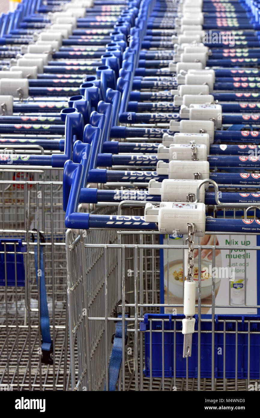 a row or line of shopping trolleys stacked together at a large ...