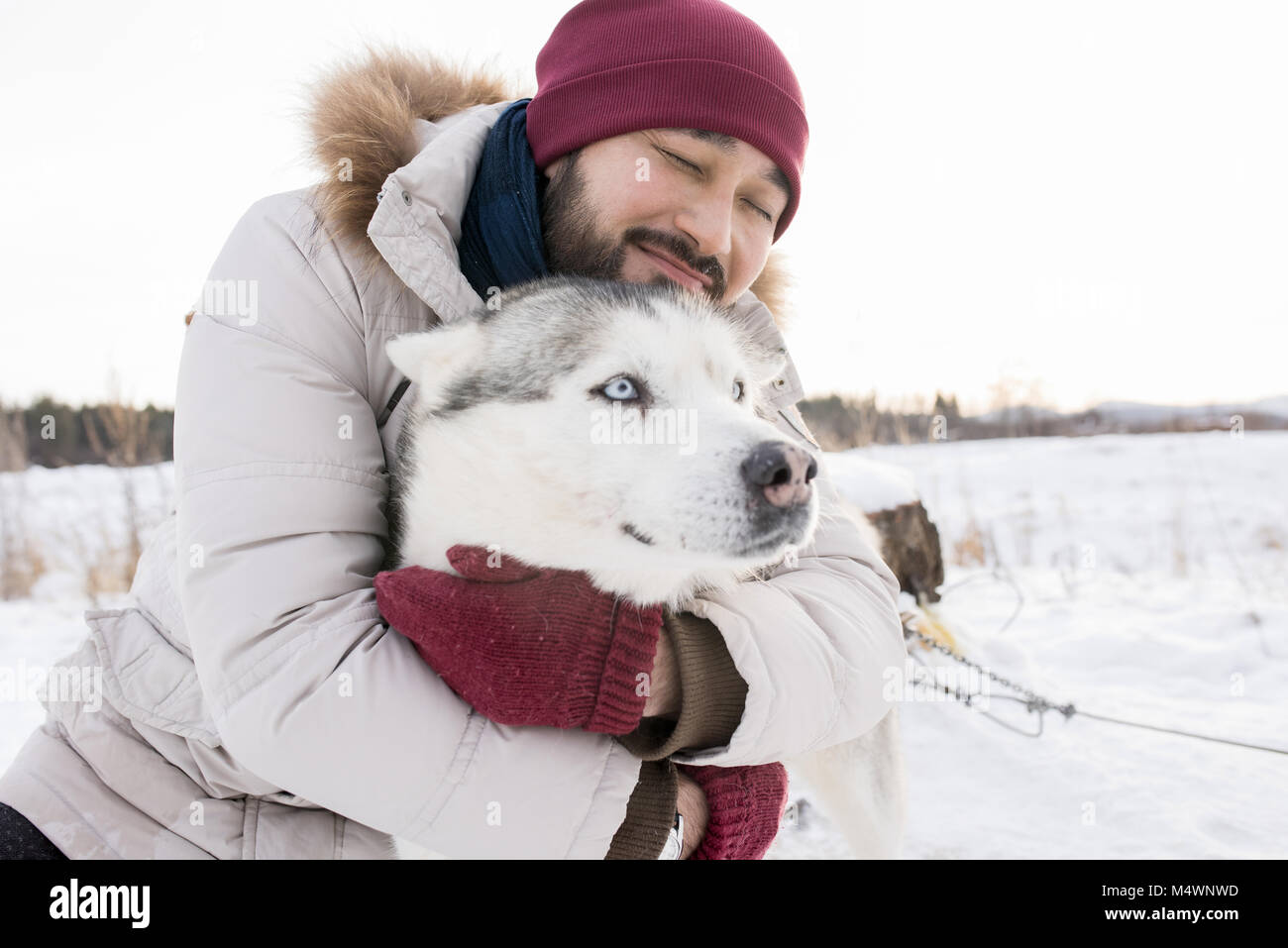 Portrait of bearded Asian man hugging gorgeous husky dog enjoying nice ...