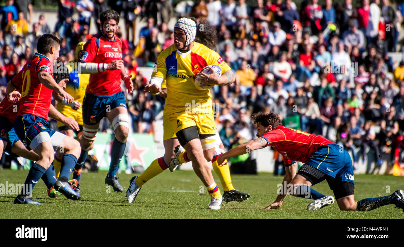 Madrid, Spain. 18th February, 2018. Players in action during rugby ...
