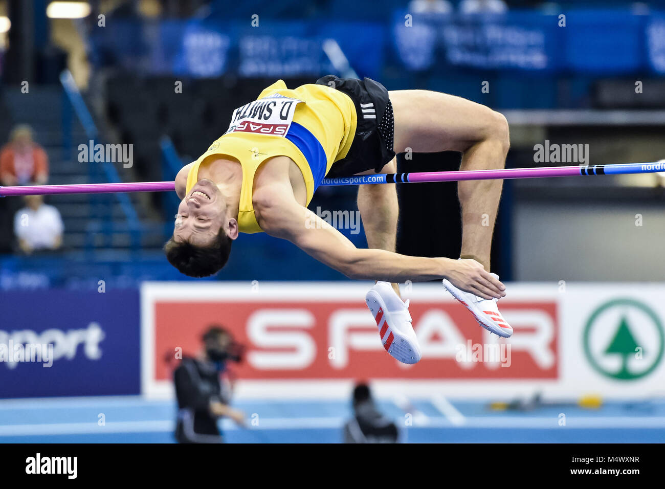 Birmingham, UK. 18th Feb, 2018. Tom Gale in action during today's Men's ...
