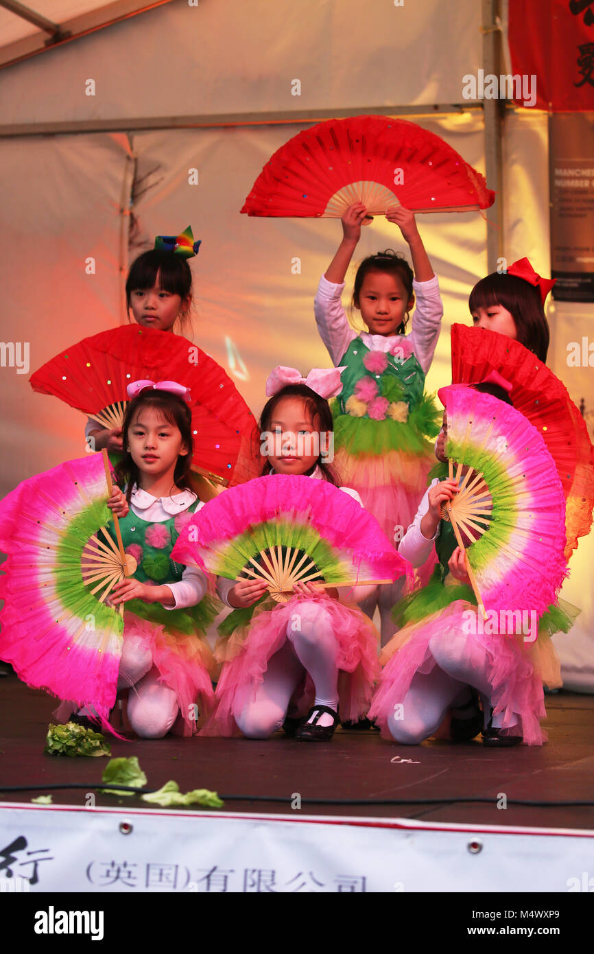 Young girls in fan dance in New Year Celebrations, Chinatown ...