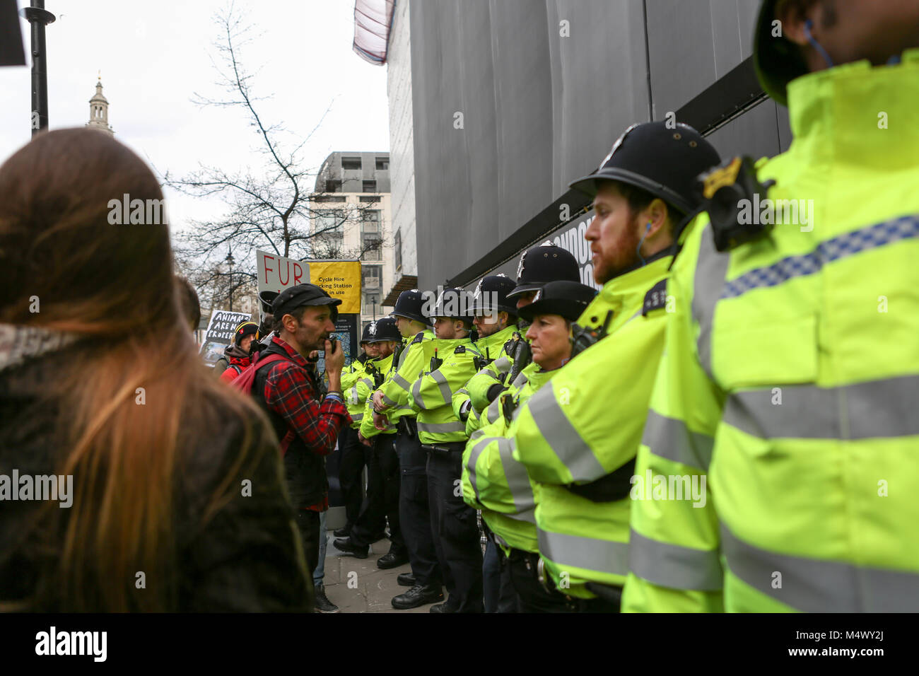 18th Feb, 2018. Anti fur protesters protest outside London Fashion Week ...