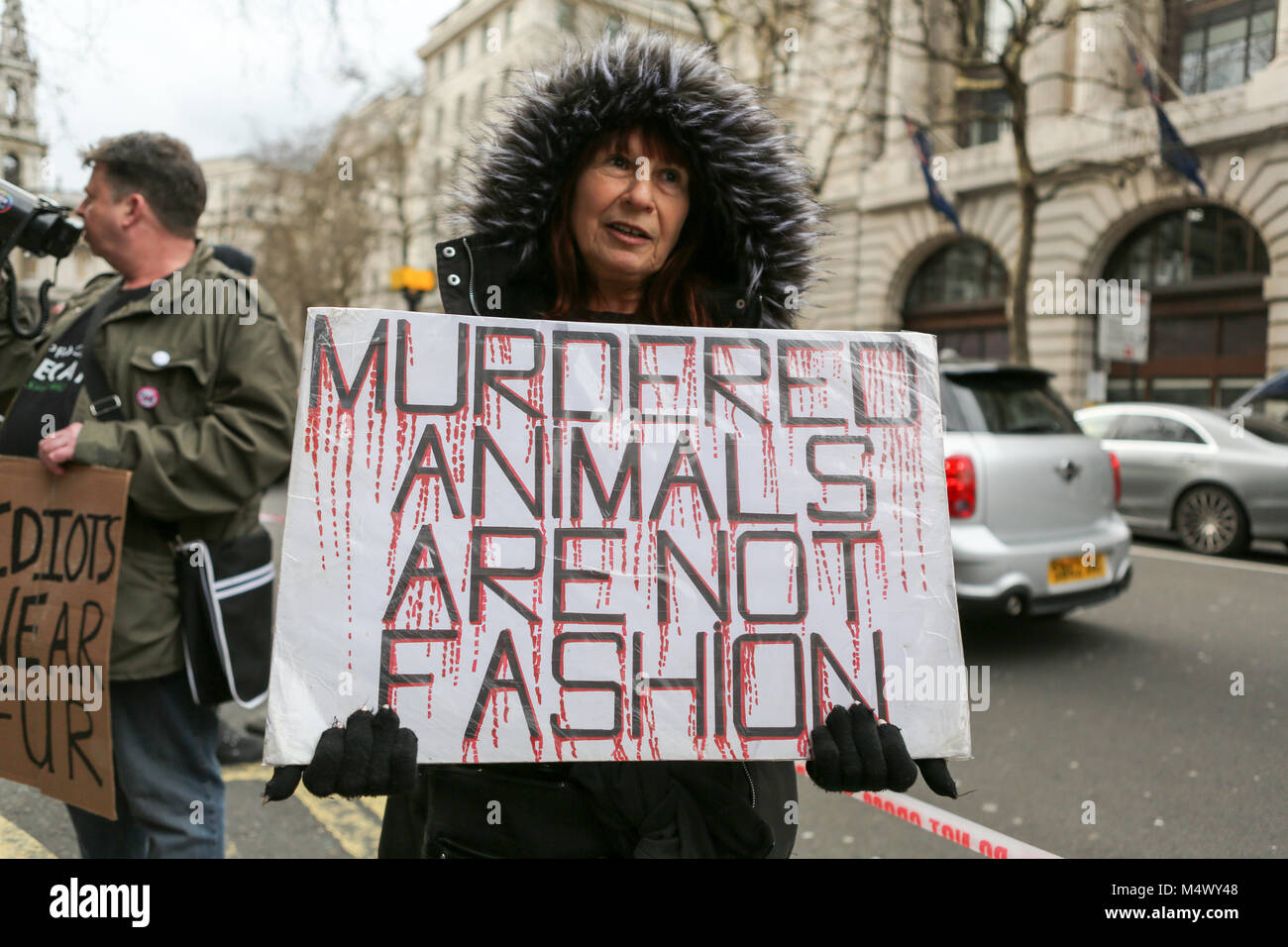 18th Feb, 2018. Anti fur protesters protest outside London Fashion Week ...