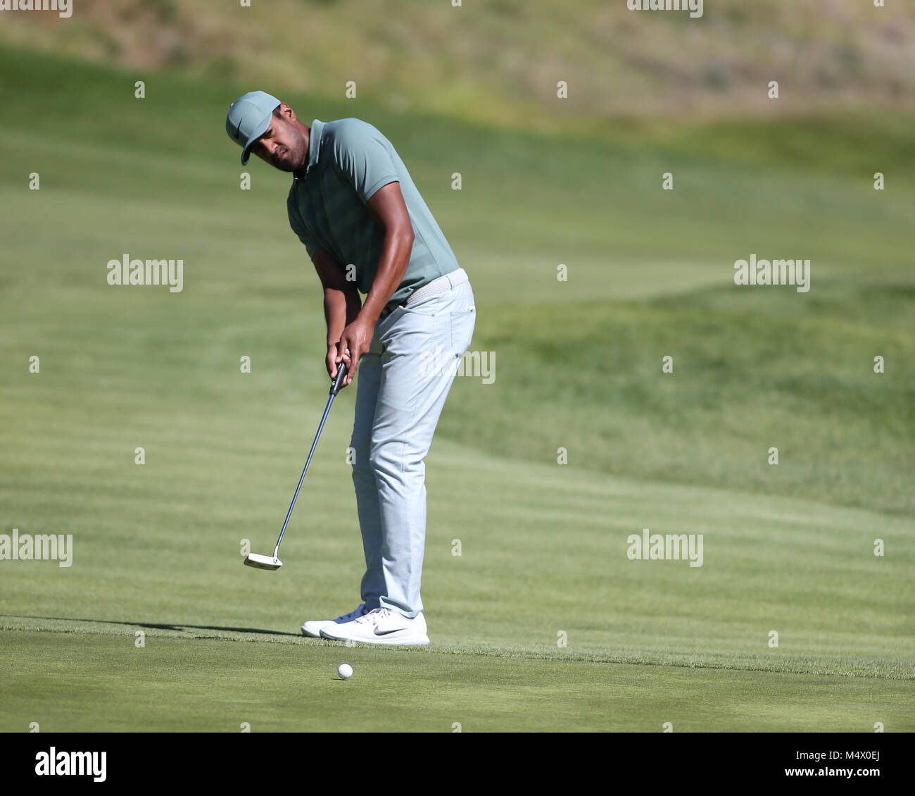 Los Angeles, CA, USA. 18th Feb, 2018. Tony Finau on the fourth green ...