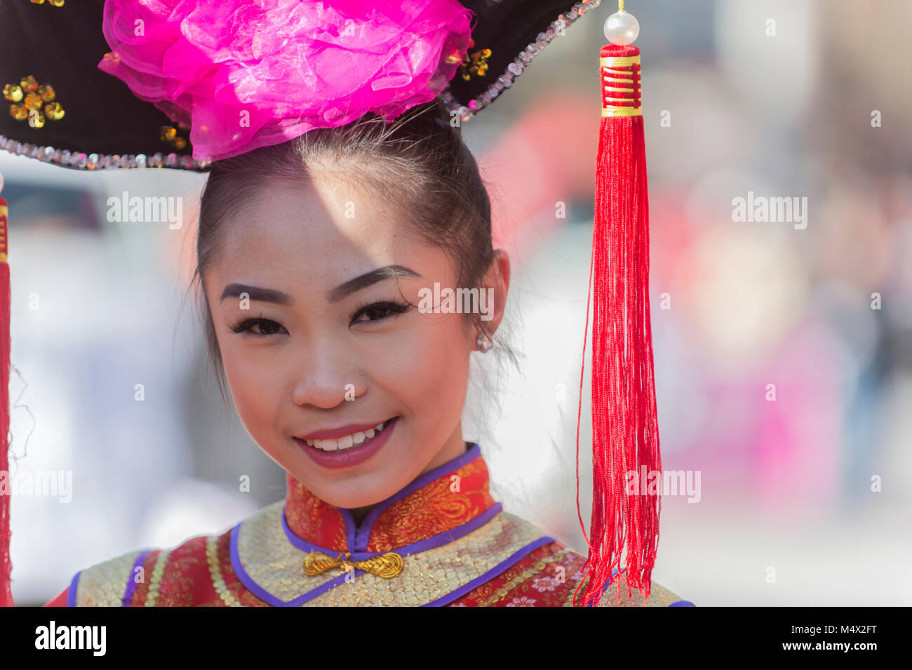 Vancouver, Canada. 18 February 2018. Chinese female in traditional ...