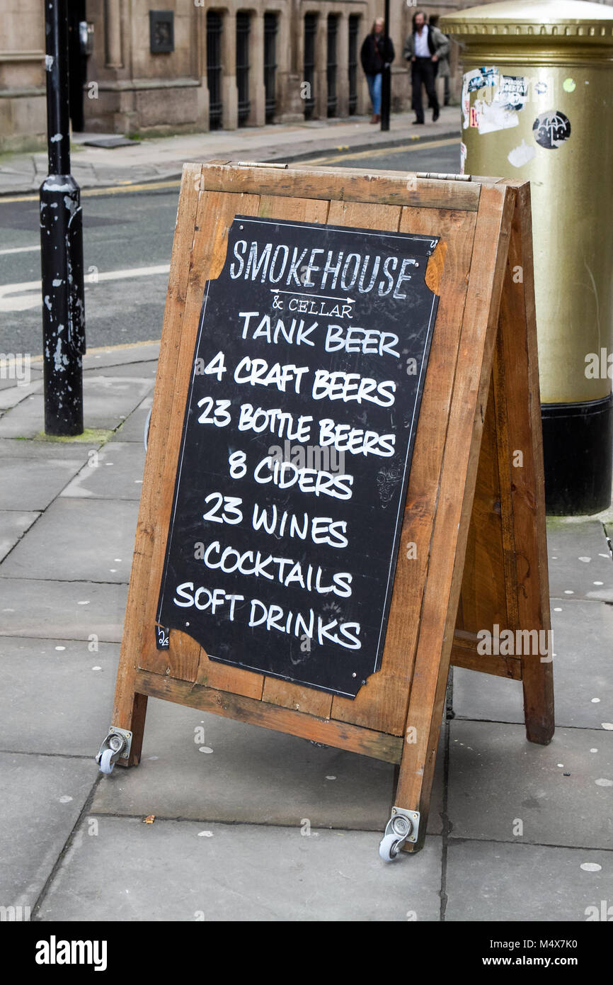 A board promoting alcoholic drinks, craft bottled beer and wine Stock ...