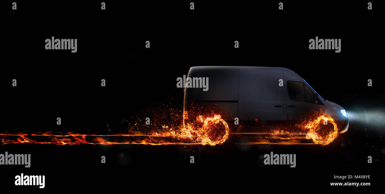 Super fast delivery of package service with van with wheels on fire. 3D ...