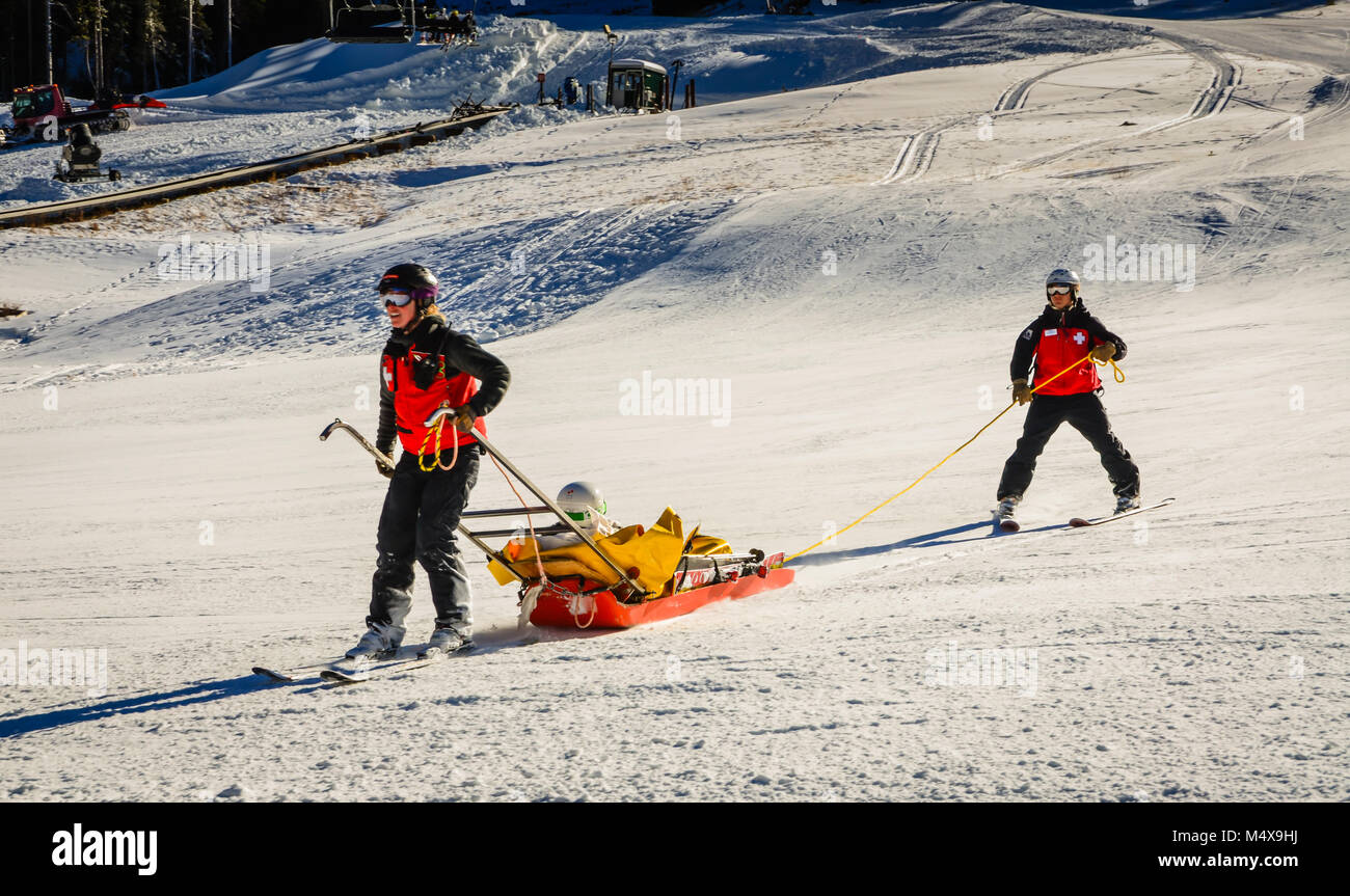 Two ski patrollers hauling out injured skier on toboggan from ski ...