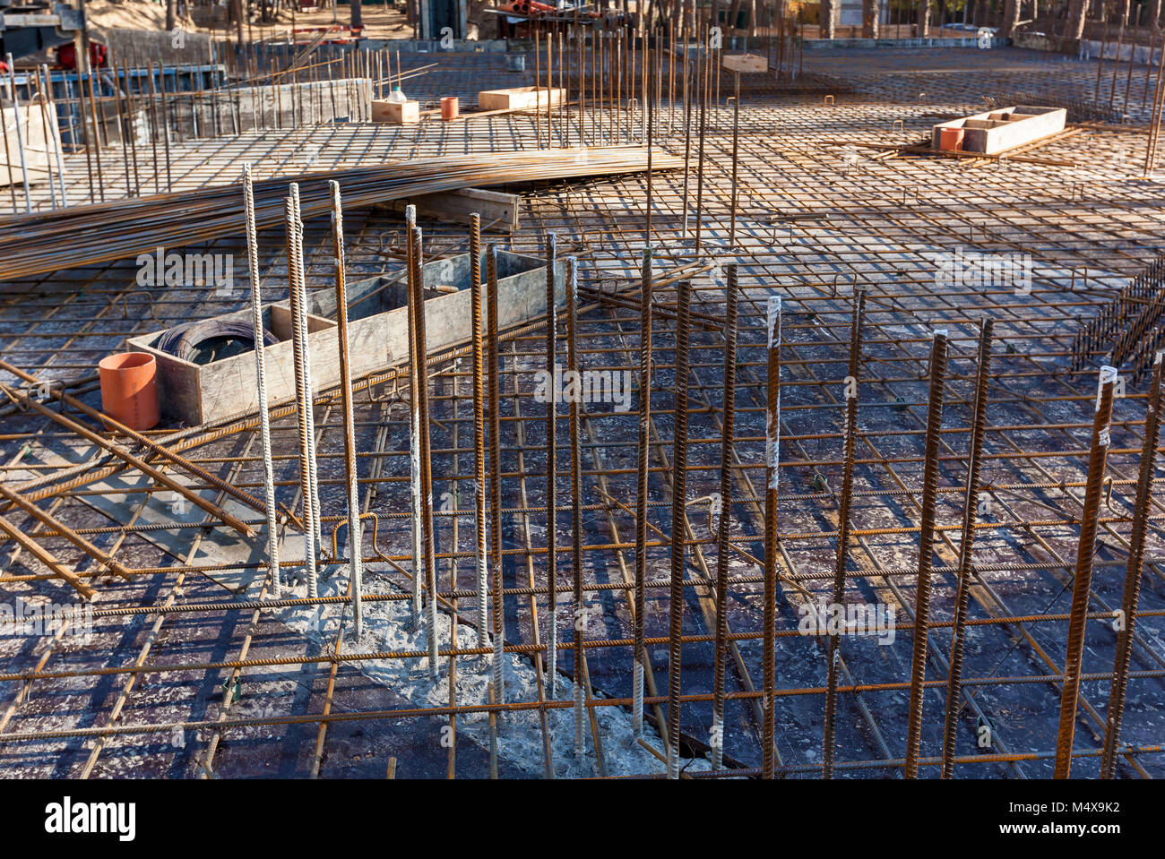 Construction workers fabricating steel reinforcement bar at the ...