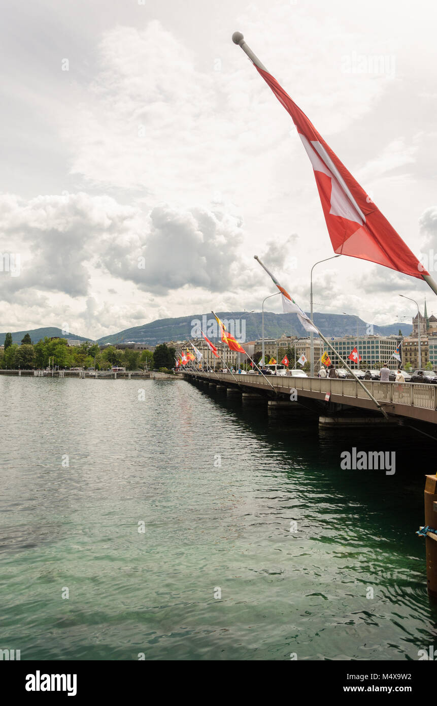 Switzerland flags and Geneva Coat of Arms flags on Pont du Mont-Blanc ...