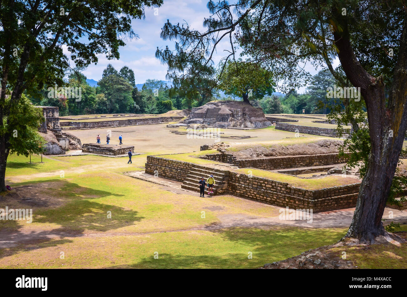 Iximche ruins framed by giant oak trees. Iximche is a Pre-Columbian ...