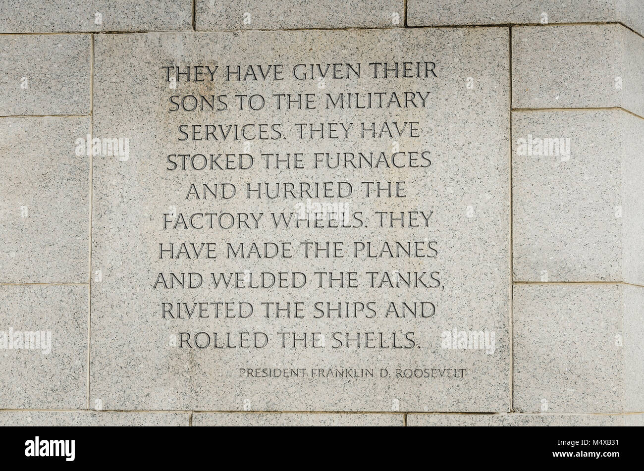Detail of World War II Memorial in Washington DC engraved with ...