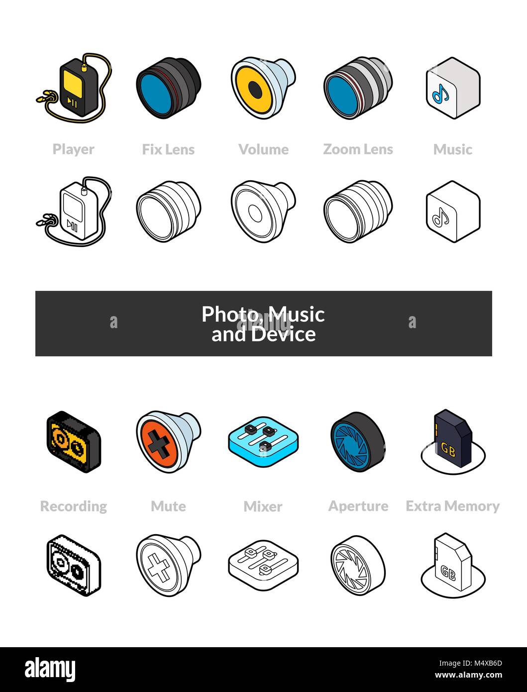 Set of isometric icons in otline style, colored and black versions ...