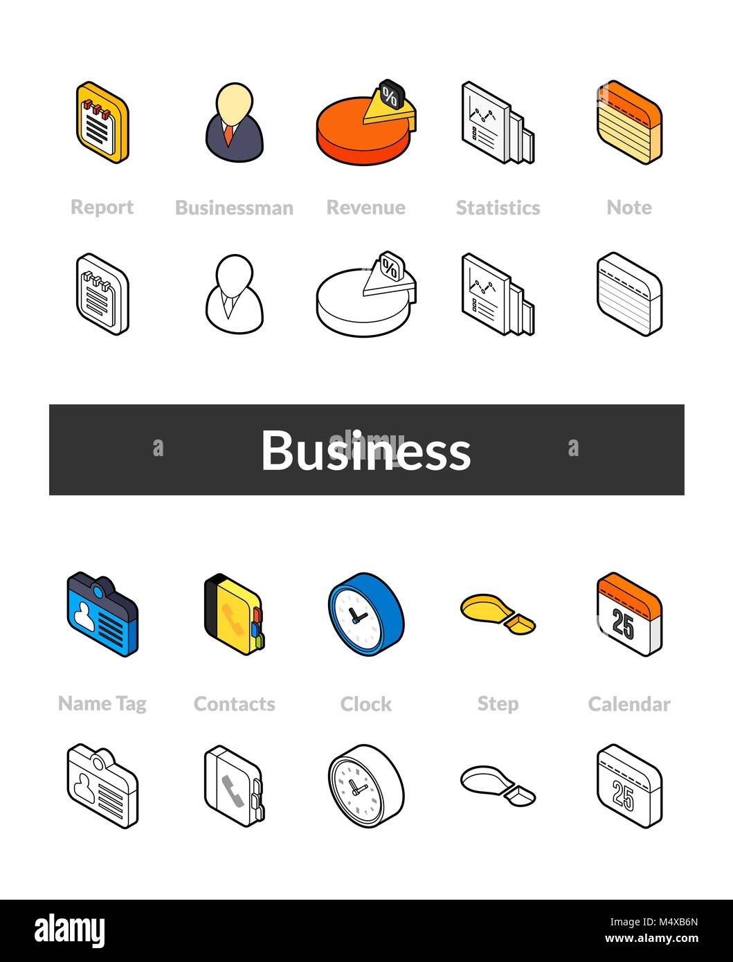 Set of isometric icons in otline style, colored and black versions ...