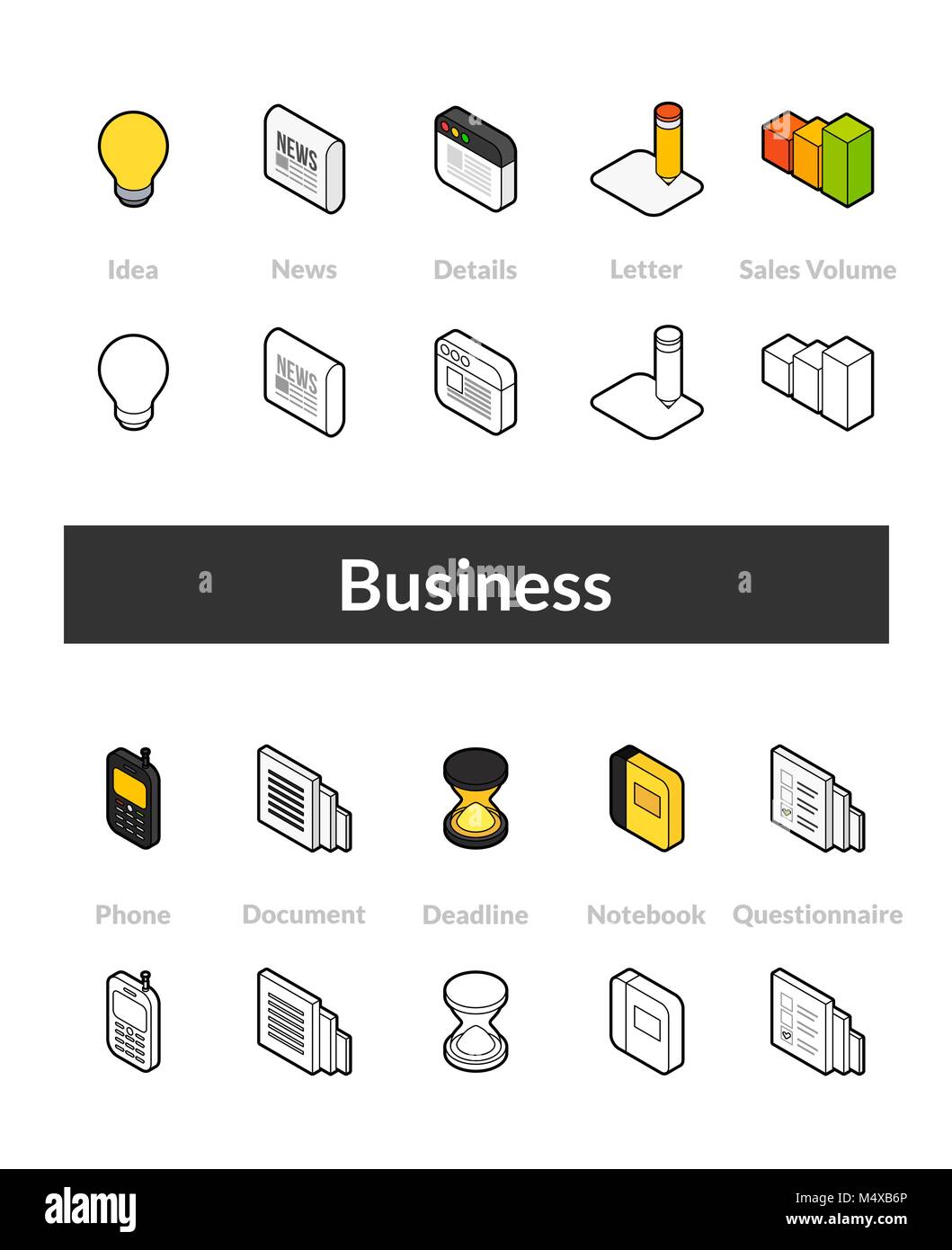 Set of isometric icons in otline style, colored and black versions ...