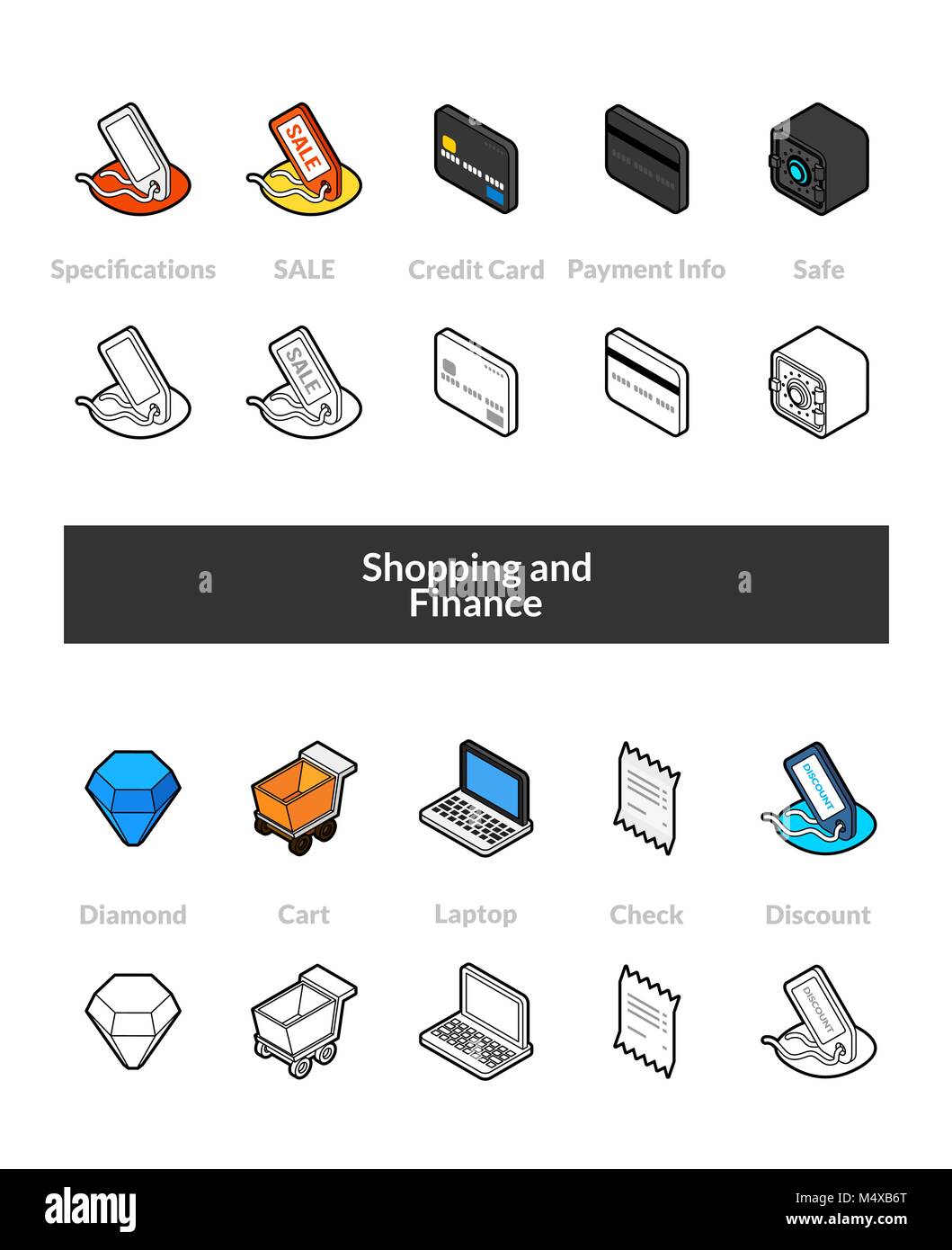 Set of isometric icons in otline style, colored and black versions ...