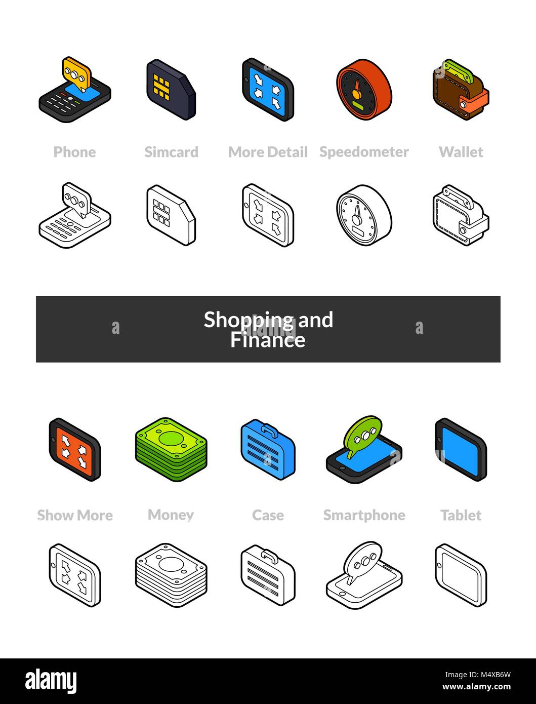 Set of isometric icons in otline style, colored and black versions ...