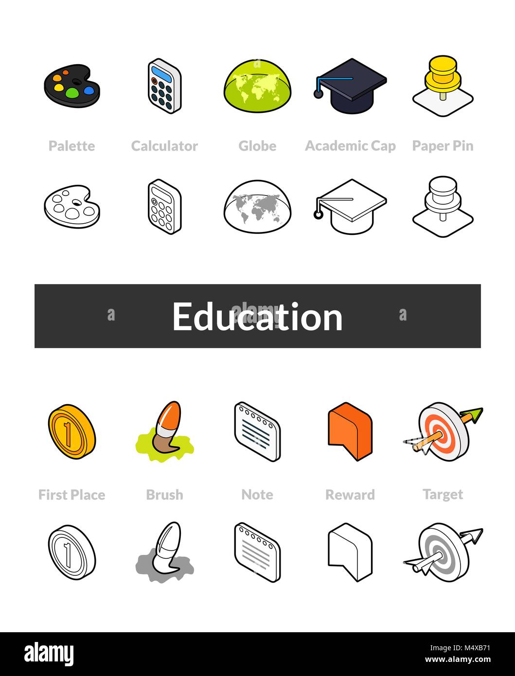 Set of isometric icons in otline style, colored and black versions ...