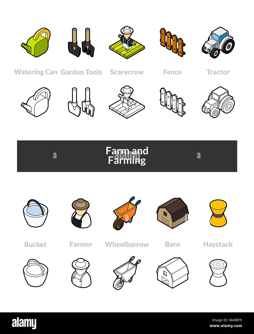 Set of isometric icons in otline style, colored and black versions ...