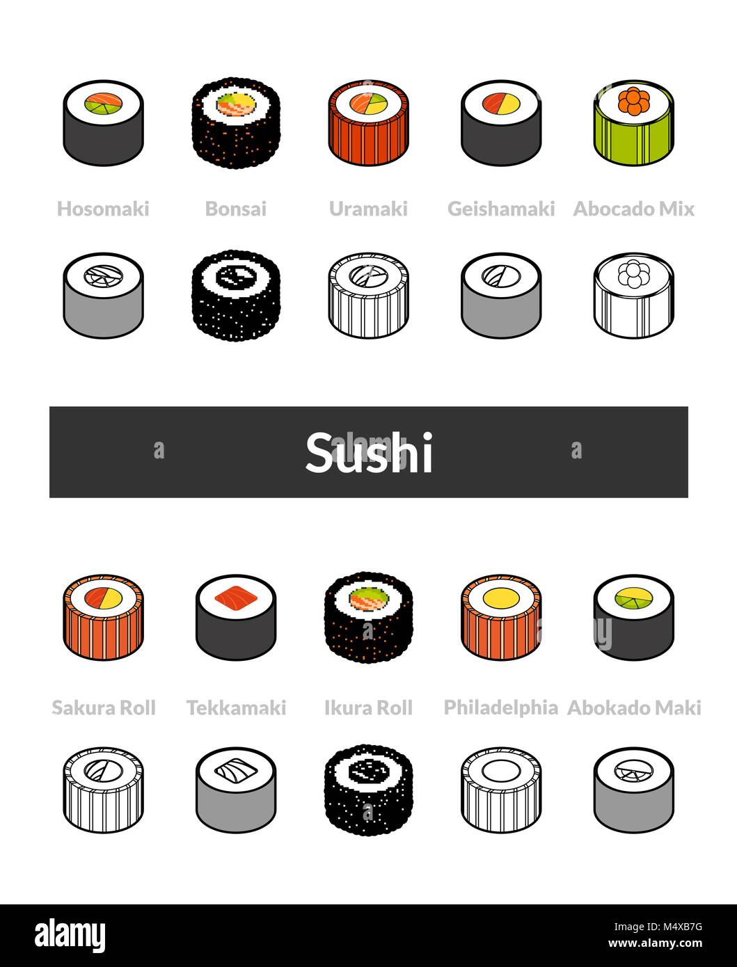 Set of isometric icons in otline style, colored and black versions ...