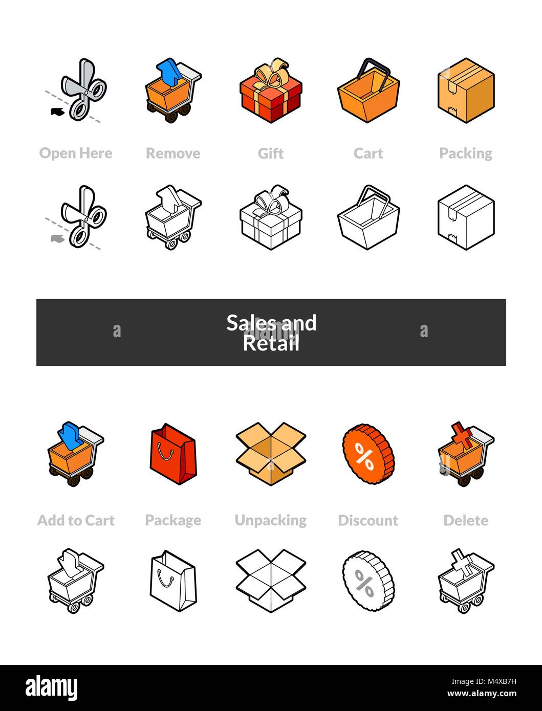 Set of isometric icons in otline style, colored and black versions ...
