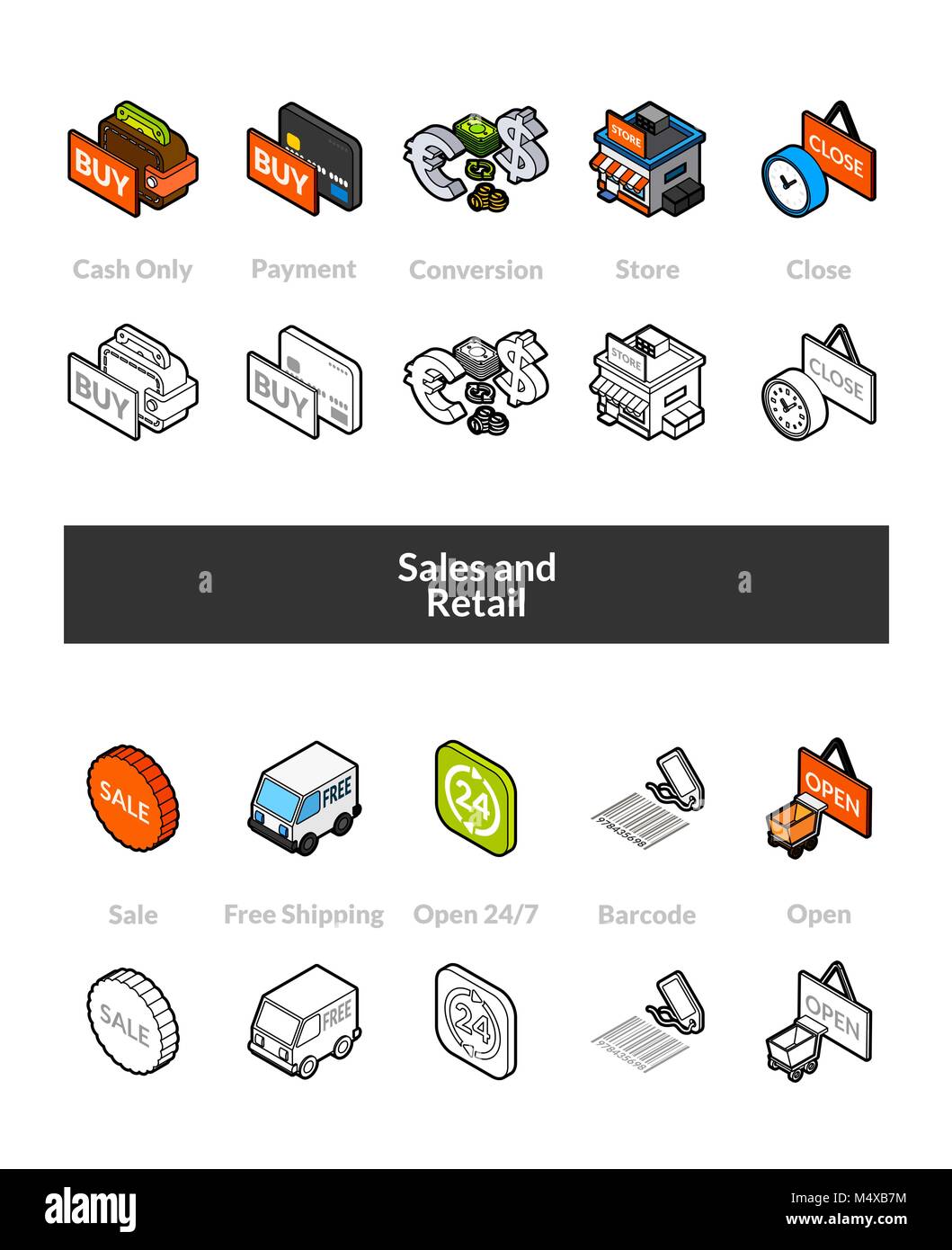 Set of isometric icons in otline style, colored and black versions ...