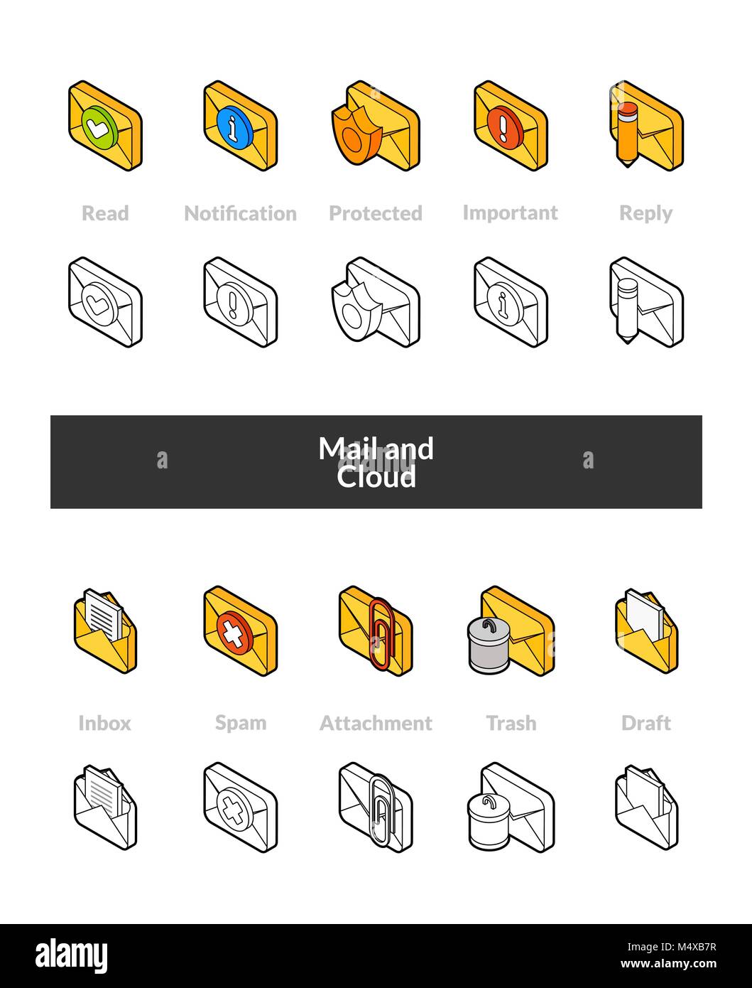 Set of isometric icons in otline style, colored and black versions ...