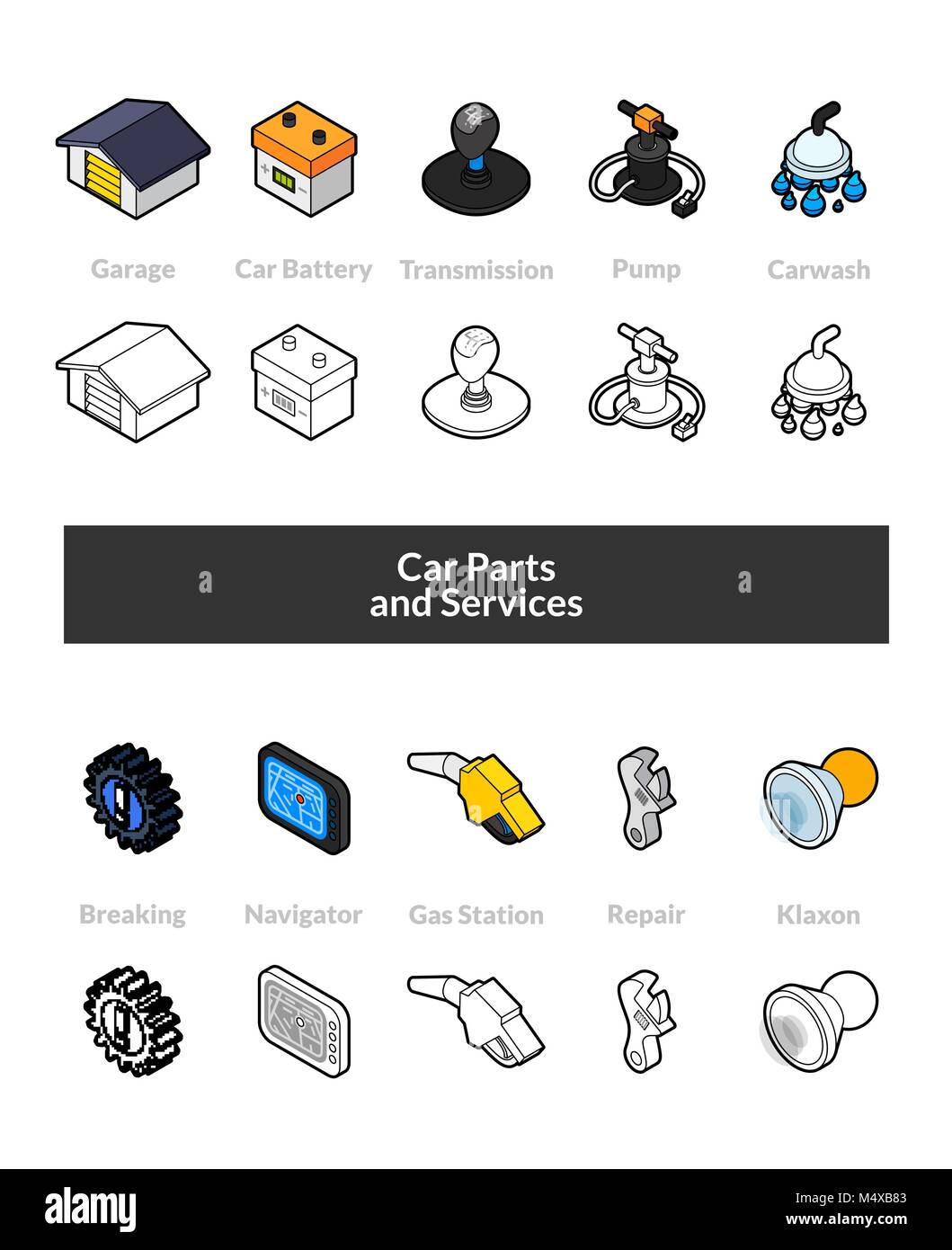 Set of isometric icons in otline style, colored and black versions ...