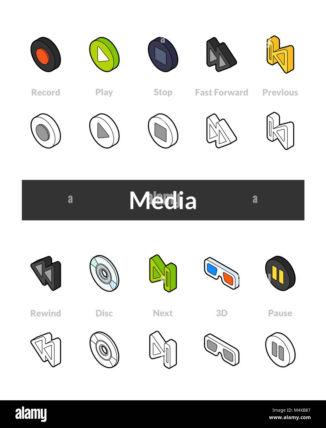 Set of isometric icons in otline style, colored and black versions ...
