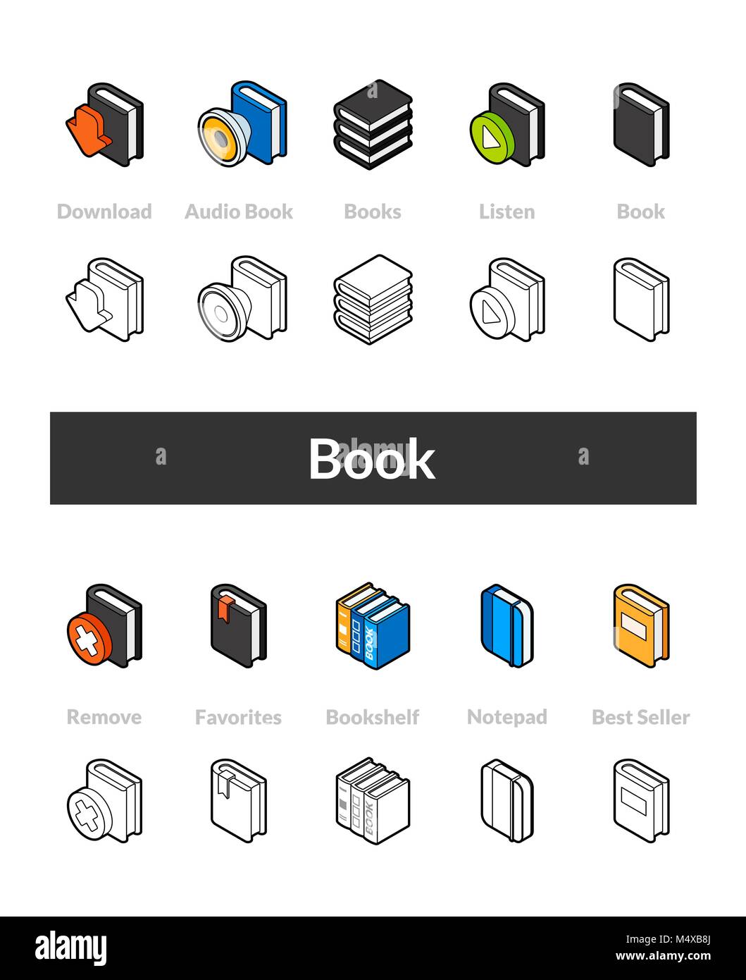 Set of isometric icons in otline style, colored and black versions ...