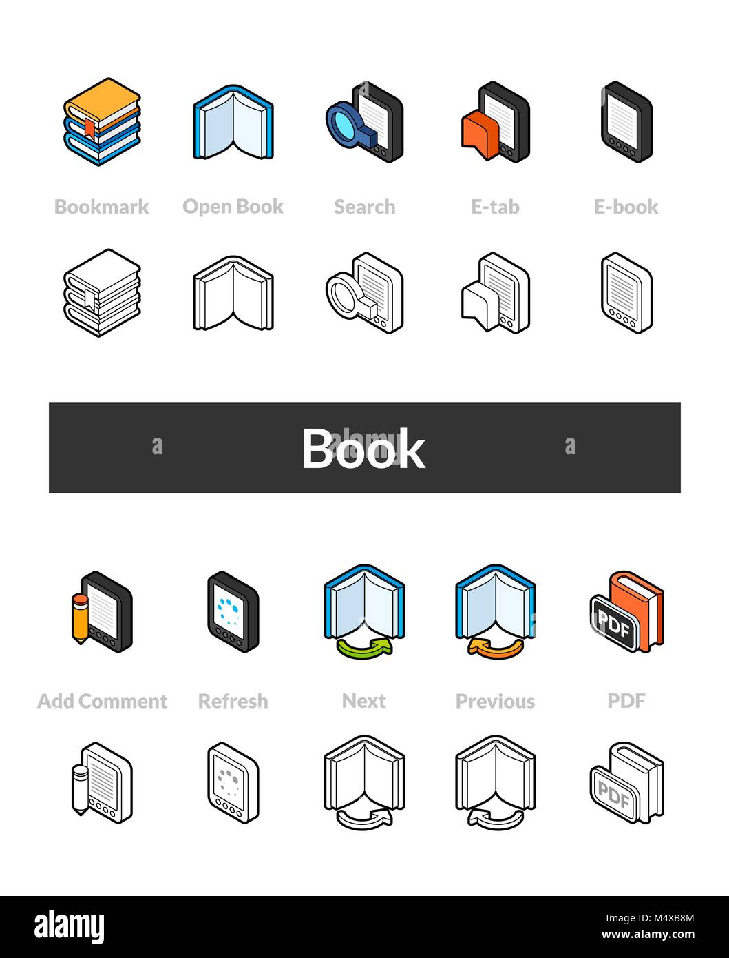Set of isometric icons in otline style, colored and black versions ...