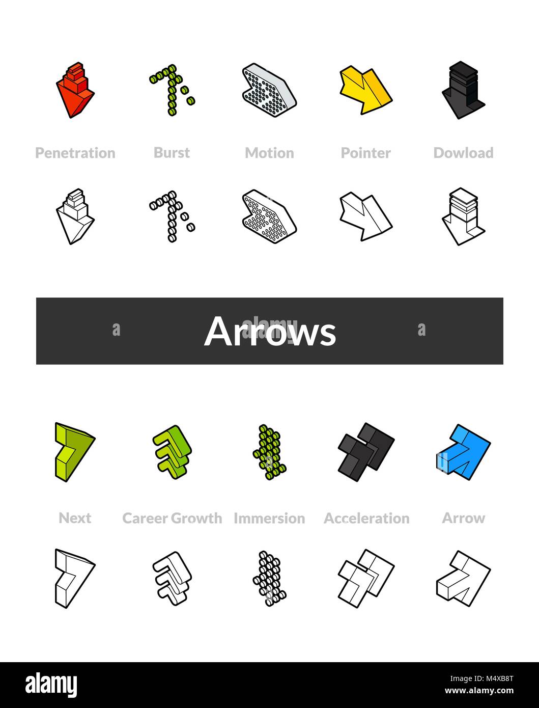Set of isometric icons in otline style, colored and black versions ...