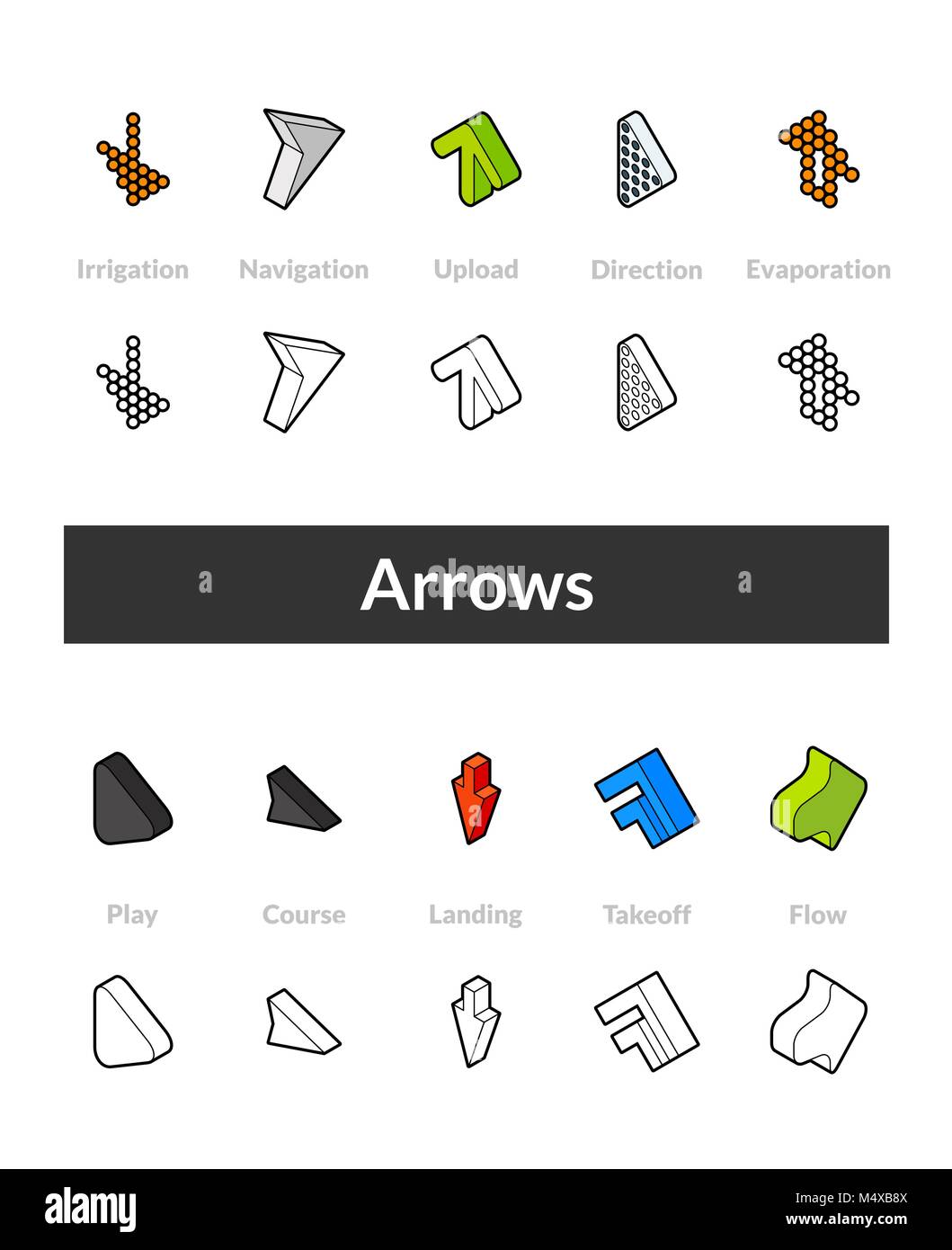 Set of isometric icons in otline style, colored and black versions ...
